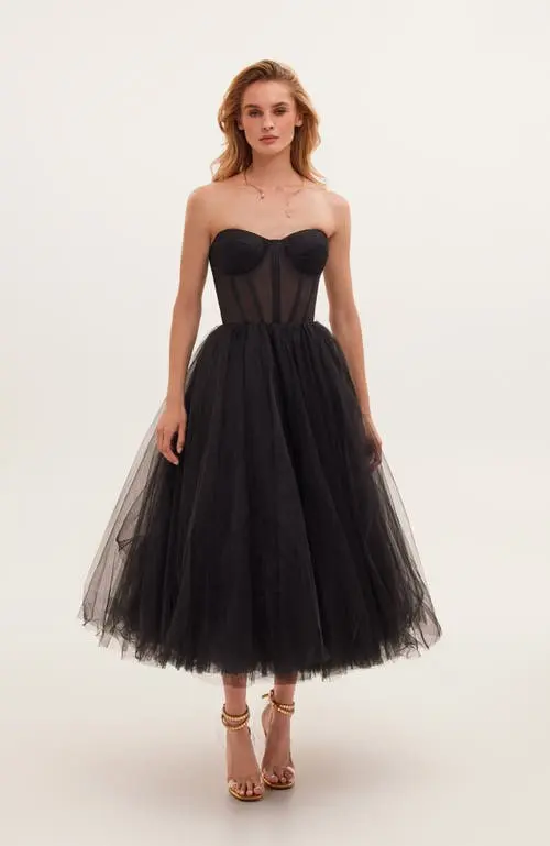 MILLA Strapless Tulle Midi Dress - Black