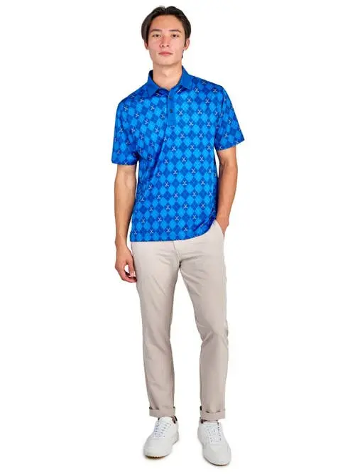 CON.STRUCT Regular Fit Golf Club Argyle Print Recycled Performance Golf Polo - Blue