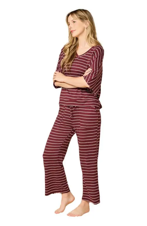 SOFTIES Dream Jersey Relaxed V-neck Capri Lounge Set - Cherry Cola Stripe