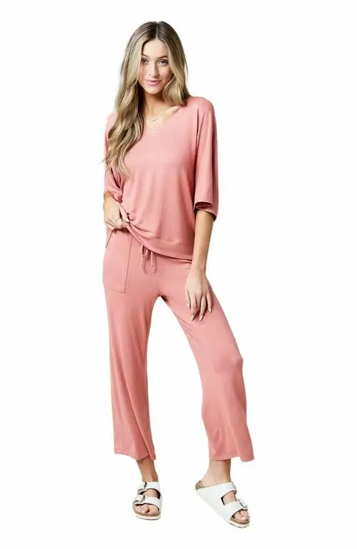 SOFTIES Dream Jersey Relaxed V-neck Capri Lounge Set - Copper Rose