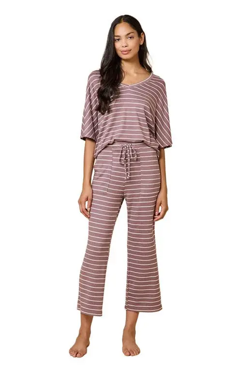 SOFTIES Dream Jersey Relaxed V-neck Capri Lounge Set - Driftwood Stripe