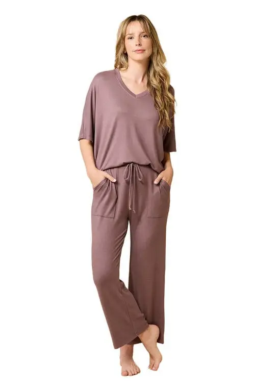 SOFTIES Dream Jersey Relaxed V-neck Capri Lounge Set - Driftwood