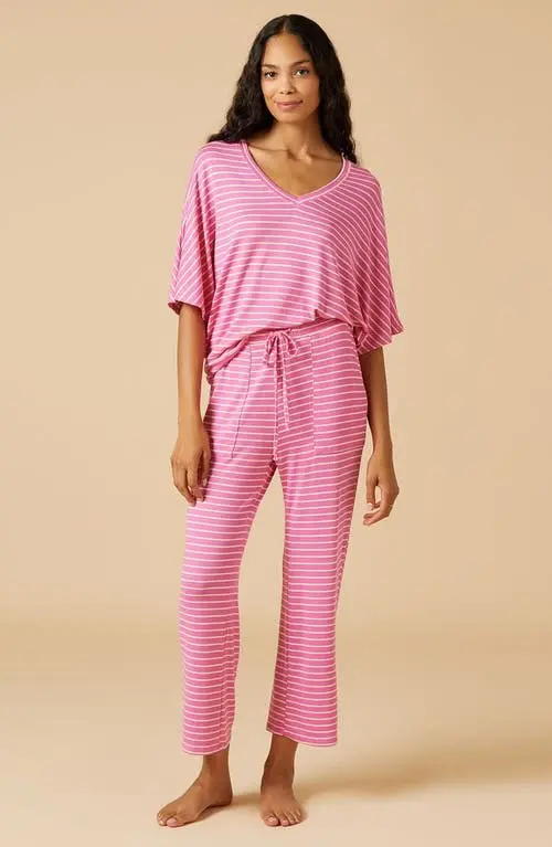 SOFTIES Dream Jersey Relaxed V-neck Capri Lounge Set - Fuchsia Stripe