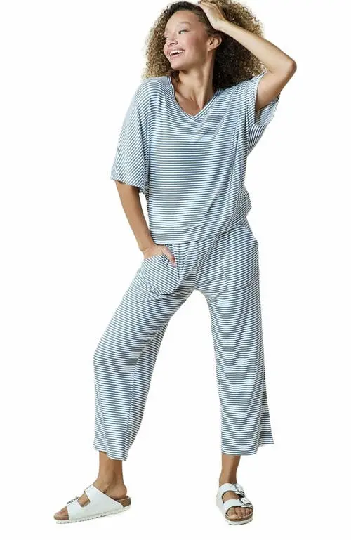 SOFTIES Dream Jersey Relaxed V-neck Capri Lounge Set - Indigo-white Stripe
