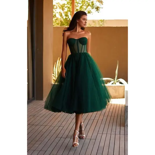 MILLA Strapless Puffy Midi Tulle Dress - Emerald Green