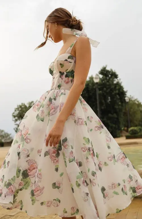 knee length dresses for ladies Apple Blossom Tender floral maxi tie-strap dress