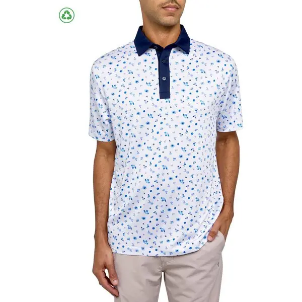 CON.STRUCT Regular Fit Floral Print Recycled Performance Golf Polo - White/blue