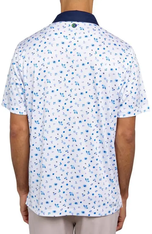 CON.STRUCT Regular Fit Floral Print Recycled Performance Golf Polo - White/blue