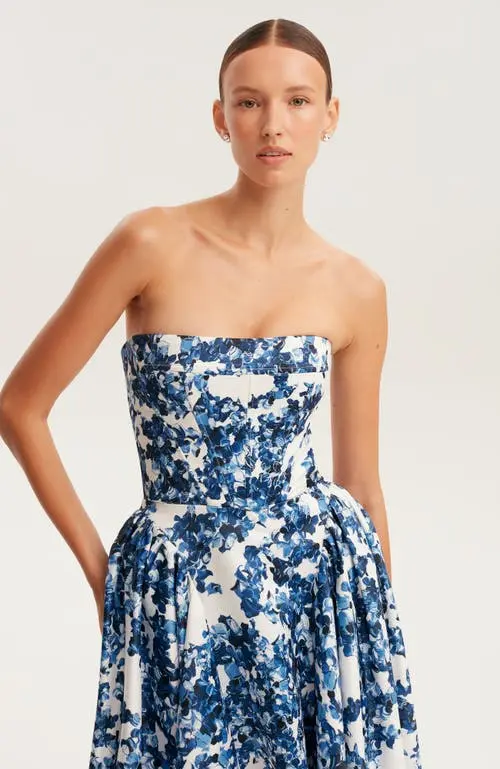 MILLA Floral Strapless Maxi Gown With Corset Bodice - Blue