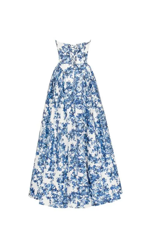 MILLA Floral Strapless Maxi Gown With Corset Bodice - Blue