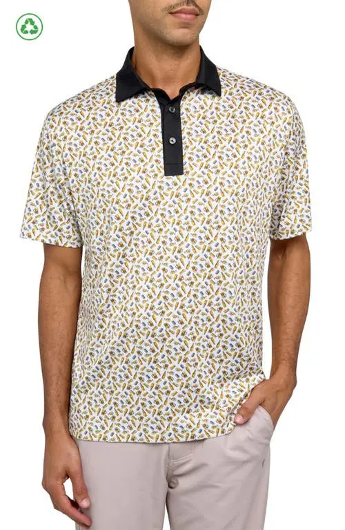 CON.STRUCT Regular Fit Micro Beers Print Recycled Performance Golf Polo - White/yellow