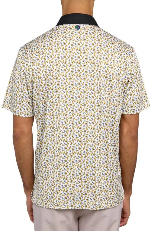 CON.STRUCT Regular Fit Micro Beers Print Recycled Performance Golf Polo - White/yellow