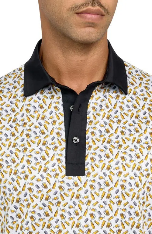 CON.STRUCT Regular Fit Micro Beers Print Recycled Performance Golf Polo - White/yellow