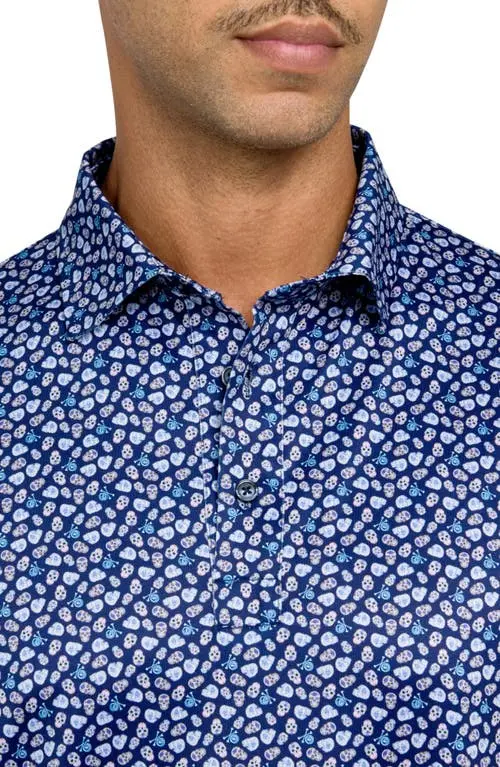 CON.STRUCT Regular Fit Micro Mexi Skulls Print Recycled Performance Golf Polo - Navy/blue