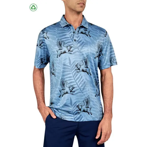 CON.STRUCT Regular Fit Flying Pigs Print Recycled Performance Golf Polo - Blue