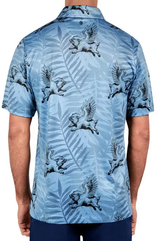 CON.STRUCT Regular Fit Flying Pigs Print Recycled Performance Golf Polo - Blue