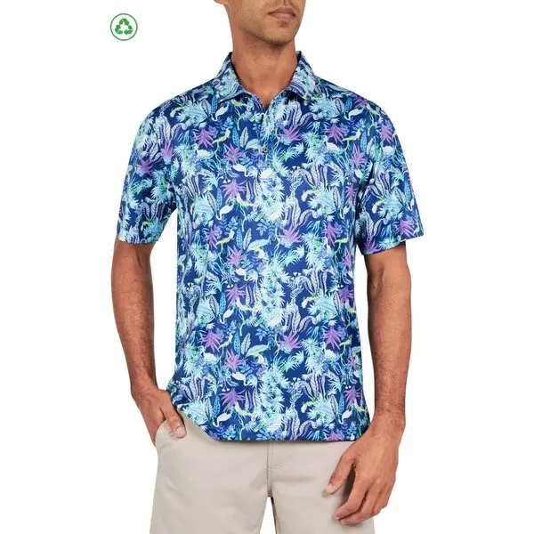 CON.STRUCT Regular Fit Exotic Bird Print Recycled Performance Golf Polo - Blue