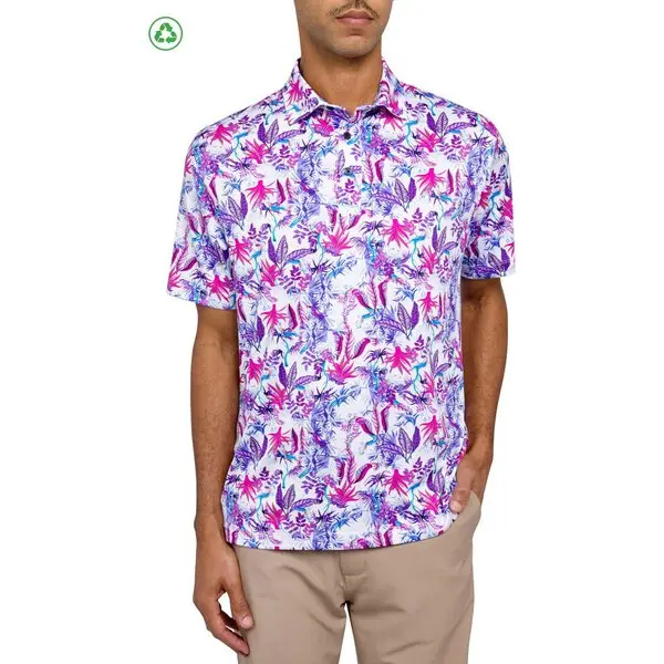 CON.STRUCT Regular Fit Exotic Bird Print Recycled Performance Golf Polo - White/purple