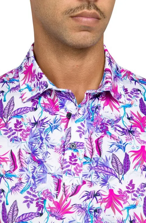 CON.STRUCT Regular Fit Exotic Bird Print Recycled Performance Golf Polo - White/purple