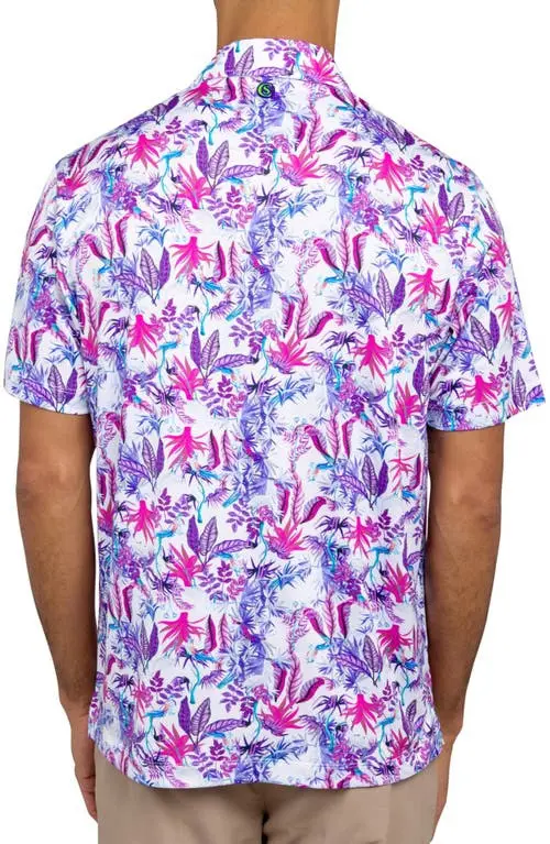CON.STRUCT Regular Fit Exotic Bird Print Recycled Performance Golf Polo - White/purple
