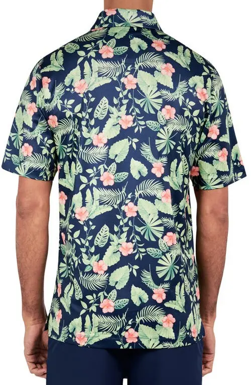 CON.STRUCT Tropical Leaf Print Performance Golf Polo - Green