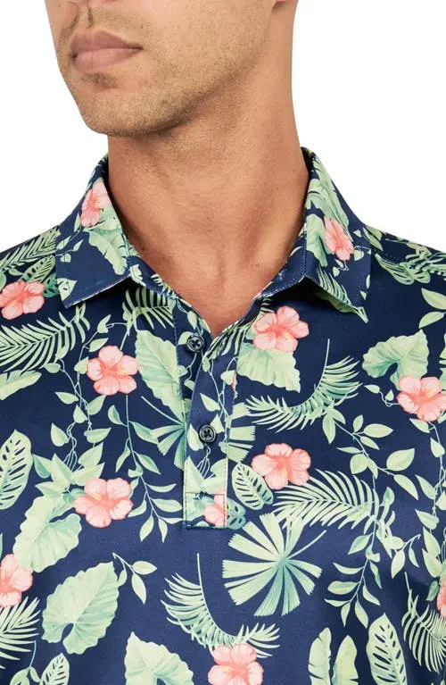 CON.STRUCT Tropical Leaf Print Performance Golf Polo - Green
