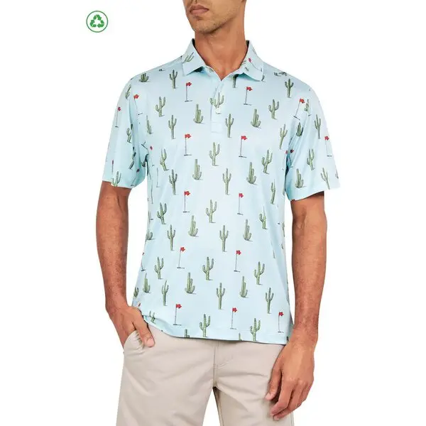 CON.STRUCT Regular Fit Cactus Print Recycled Performance Golf Polo - Aqua