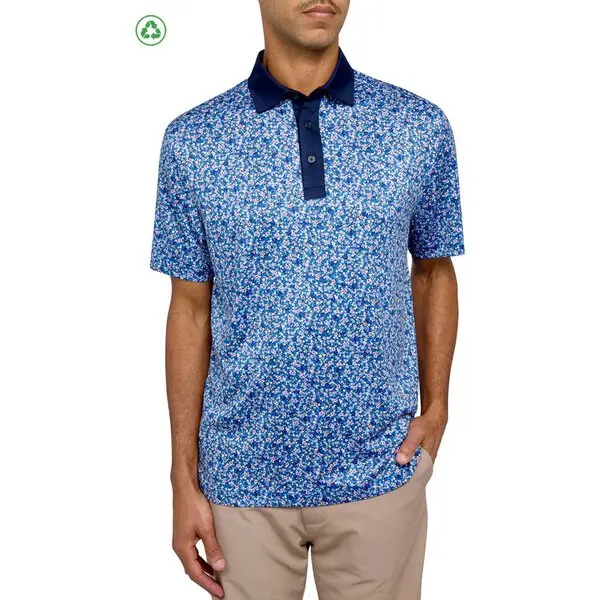 CON.STRUCT Regular Fit Micro Floral Print Recycled Performance Golf Polo - White/blue