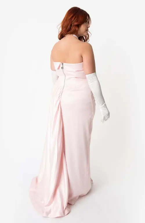 Unique Vintage Strapless Satin Gown With Cascade Train