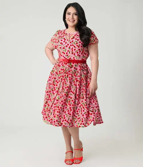 Unique Vintage Swing Dress With Tie Neck And Petal Sleeves - Pink W/cherries