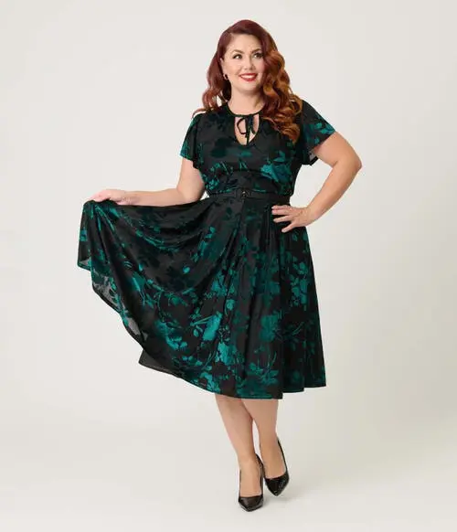 Unique Vintage Swing Dress With Tie Neck And Petal Sleeves - Teal