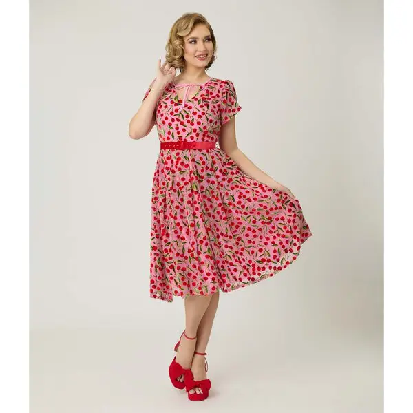 Unique Vintage Short Petal Sleeve Tie Neck Swing Dress - Pink W/cherries