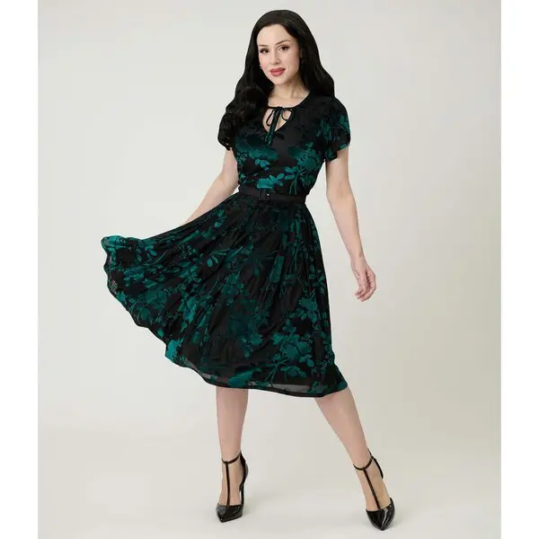 Unique Vintage Short Petal Sleeve Tie Neck Swing Dress - Teal