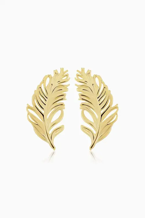 ORADINA 10k Gold Fine Feather Stud Earrings - Yellow Gold