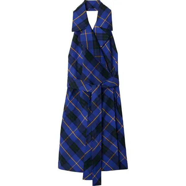 Burberry Check Linen Halter Dress In Bright Navy - 50% Off | Editorialist