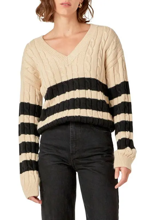 English Factory Stripe Cable Stitch Pullover Sweater