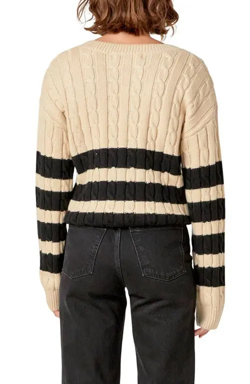 English Factory Stripe Cable Stitch Pullover Sweater