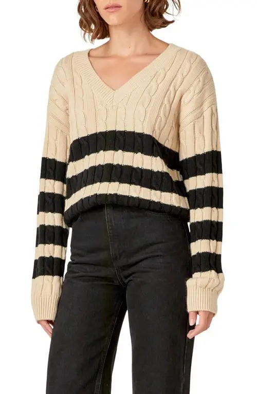English Factory Stripe Cable Stitch Pullover Sweater