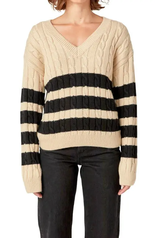 English Factory Stripe Cable Stitch Pullover Sweater