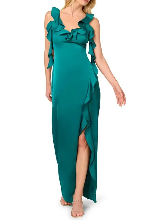 Adrianna Papell Ruffle Stretch Satin Column Gown