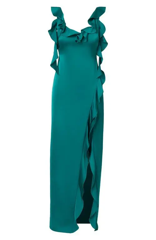 Adrianna Papell Ruffle Stretch Satin Column Gown