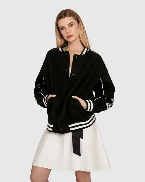 BELLE & BLOOM Hold Me Close" Letterman Bomber Jacket - Black