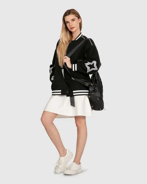 BELLE & BLOOM Hold Me Close" Letterman Bomber Jacket - Black