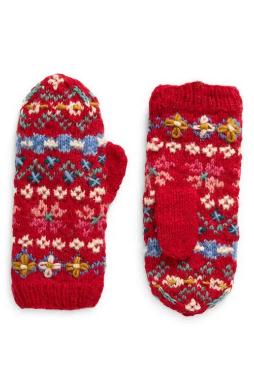 FRENCH KNOT Hand Knit Wool Mittens - Red
