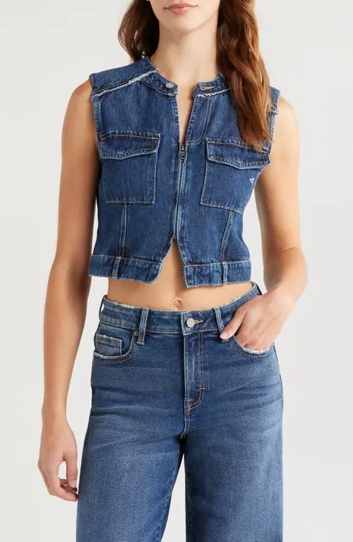 HIDDEN JEANS Zip Front Crop Denim Vest - Dark Wash