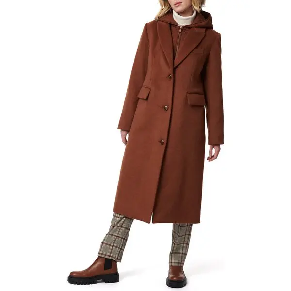 Bernardo Long Coat With Hooded Quilted Bib - Tobacco