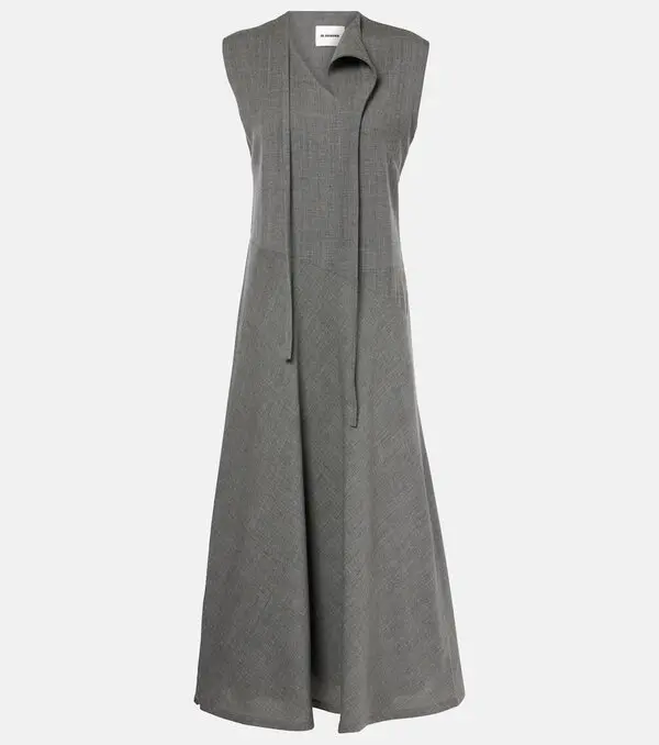 JIL SANDER Tie-neck Virgin Wool Midi Dress