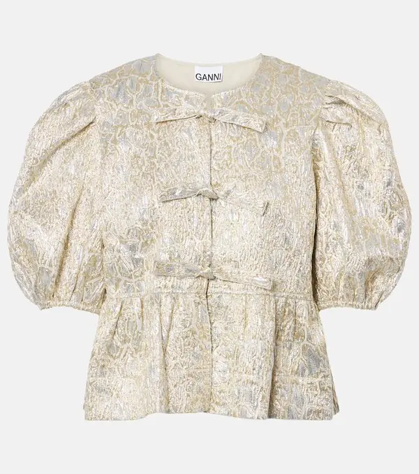 GANNI Puff-sleeve Brocade Top - Metallic