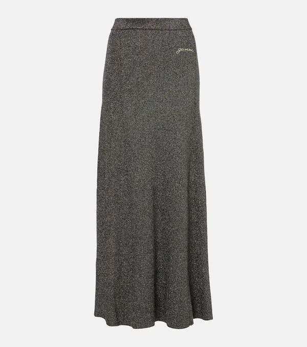 GANNI Ribbed-knit Lamé Maxi Skirt - Grey