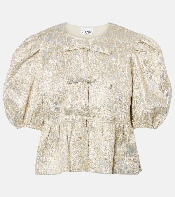 GANNI Brocade Puff-sleeve Top - Metallic